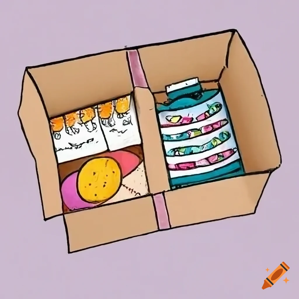 A simple easy drawing of a package filled with tea packets, snacks and a journal and snacks in a ...