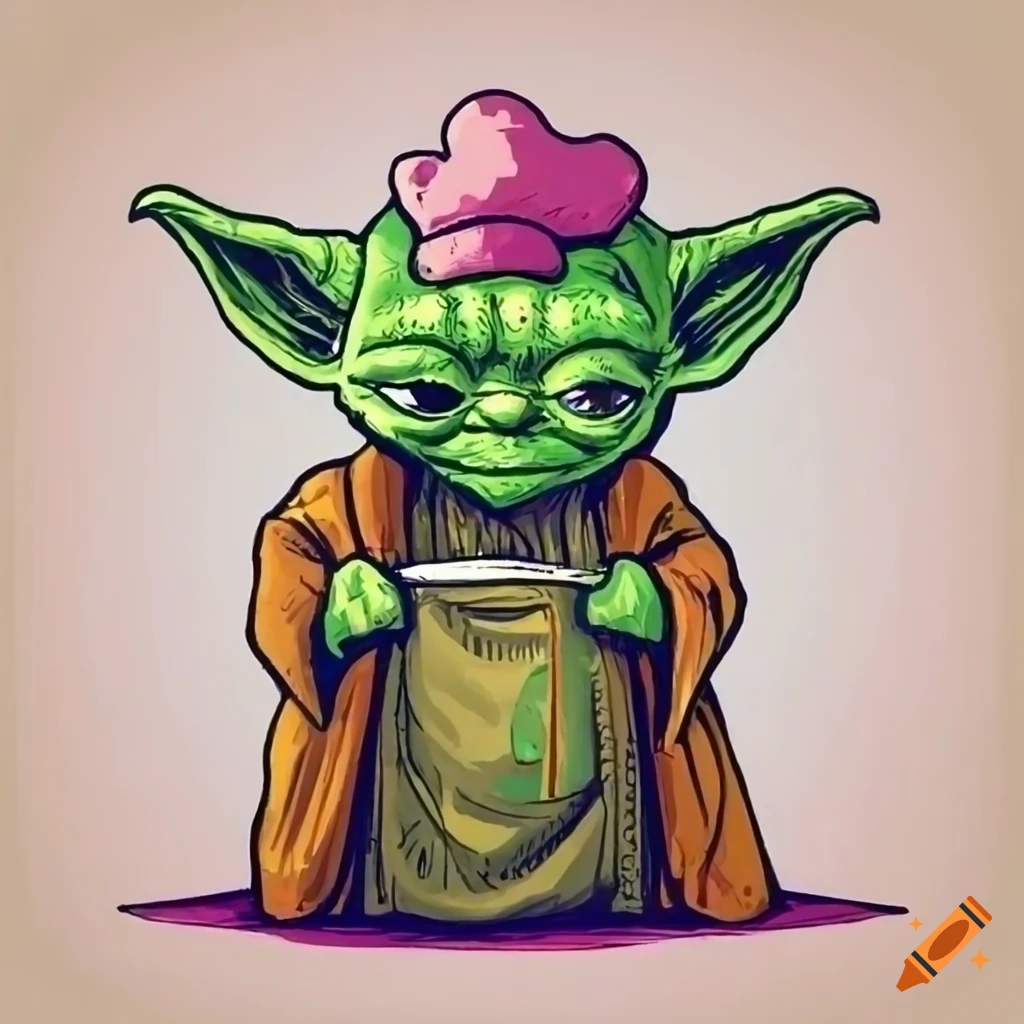 Comic book illustration, yoda wearing a chef hat and apron