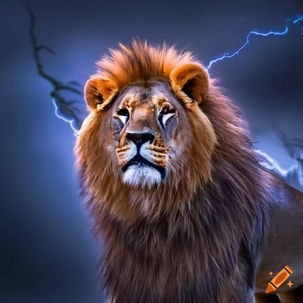 Lion with a thunder behind with bluelights as the theme of the photo