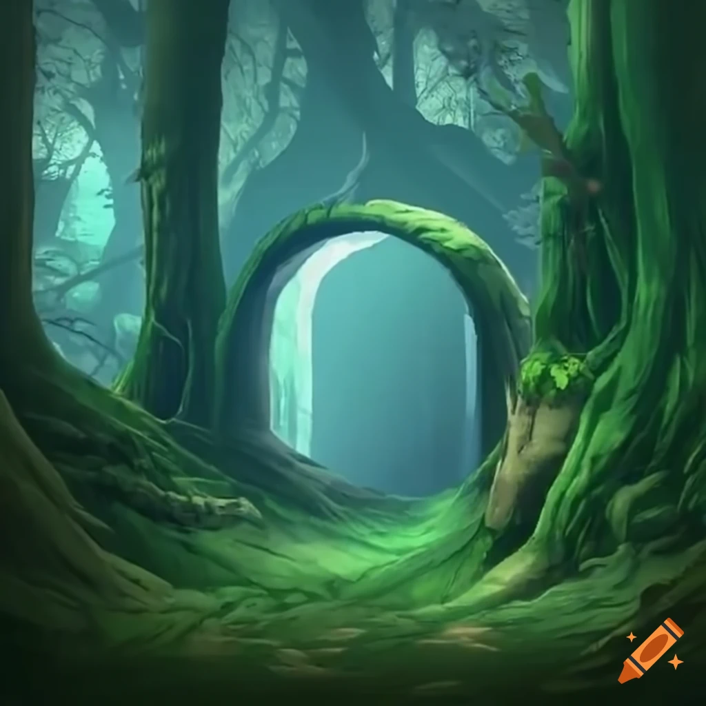 The lost woods from the video game zelda with circular doorways on Craiyon
