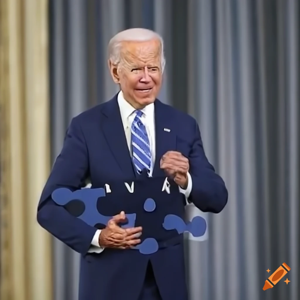 Joe biden holding a giant puzzle piece