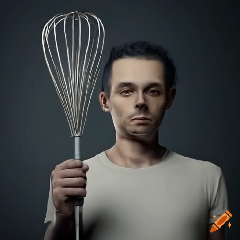 Hyper-realistic front-facing portrait a-man holding-a-plastic-food-whisk