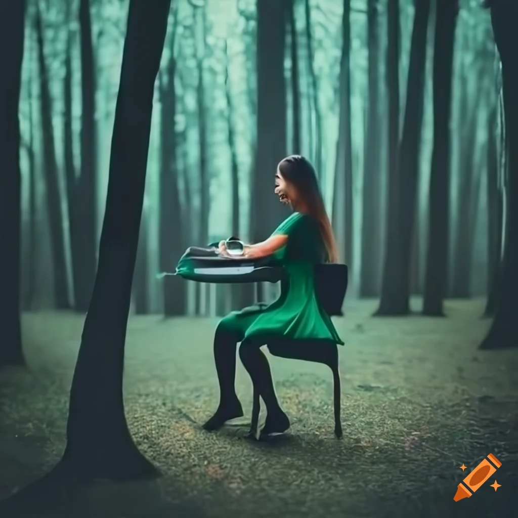 Female dj playing keyboard in dark forest wearing green tights