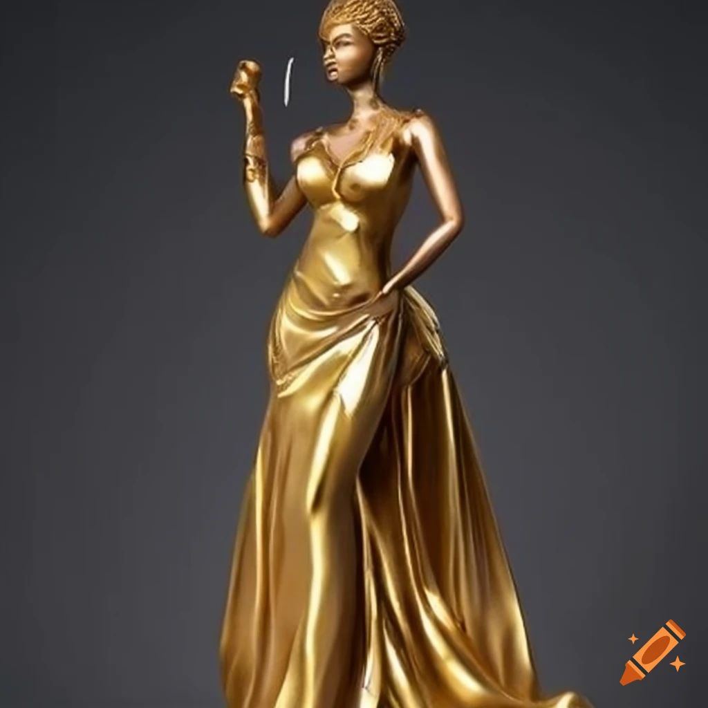 Black female resin statue wit golden dress, studio lighting