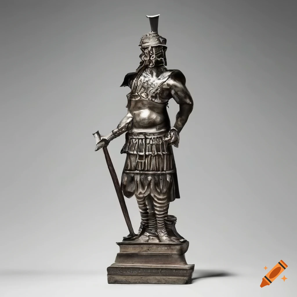 An iron and silver statue of a guardian warrior holding a sword