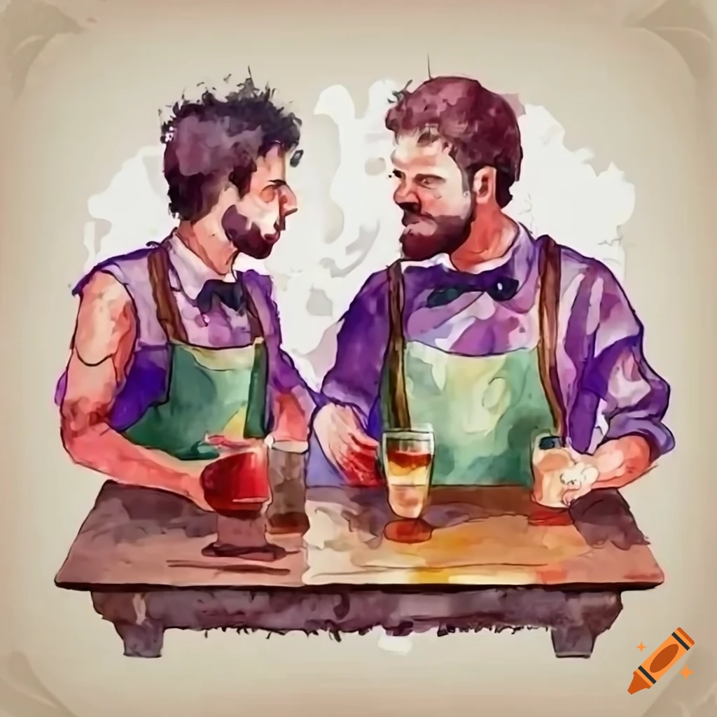 Two bartenders talking in an old tavern on Craiyon