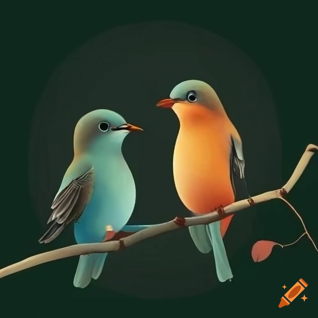 Two birds wrapped around branches and leaves on Craiyon