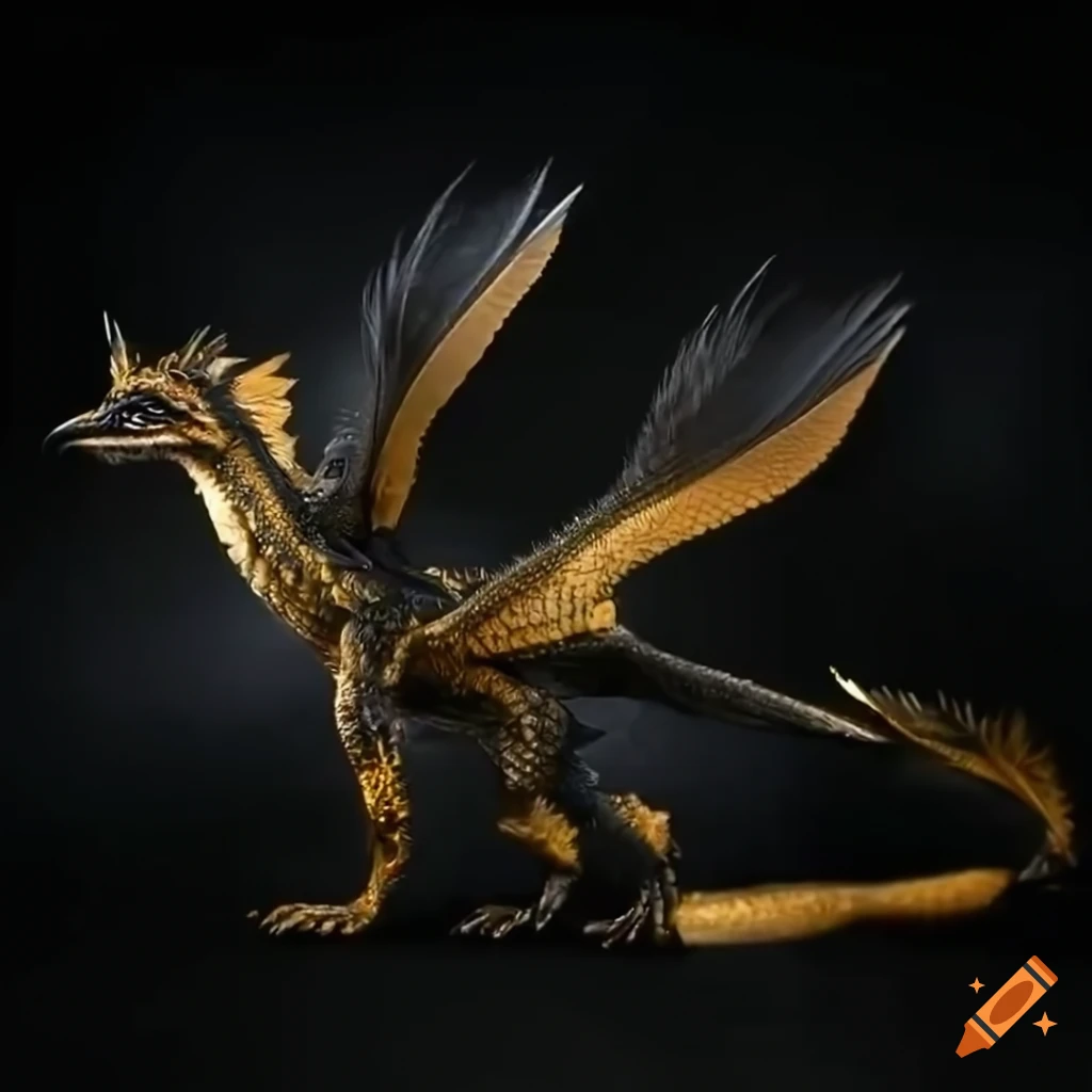 A professional photorealistic feathered fox dragon, black gold, ultra detailed on Craiyon
