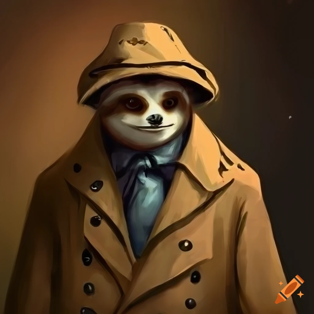 19th century sloth detective, digital art, trenchcoat, pipe, glasses on ...
