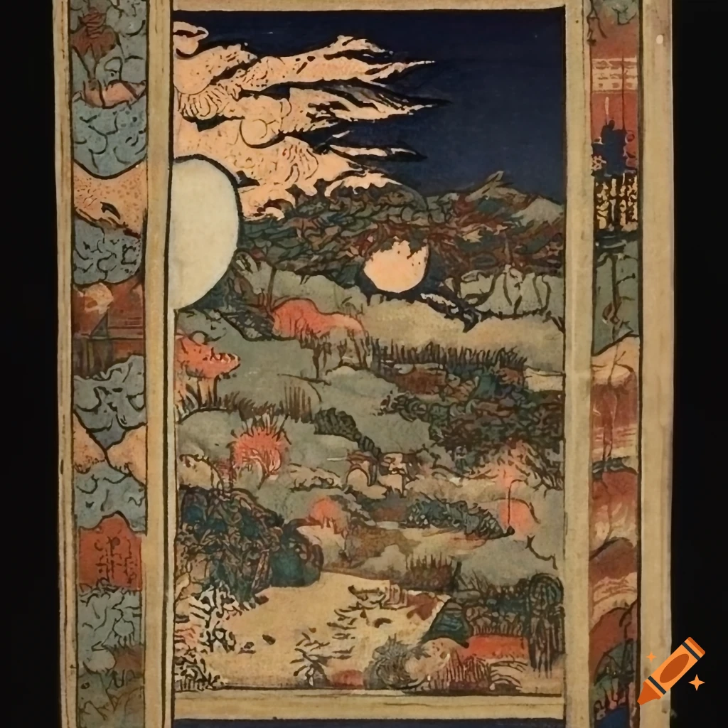 High resolution, fine detail, long-shot, wide-angle, Japanese woodcut ...