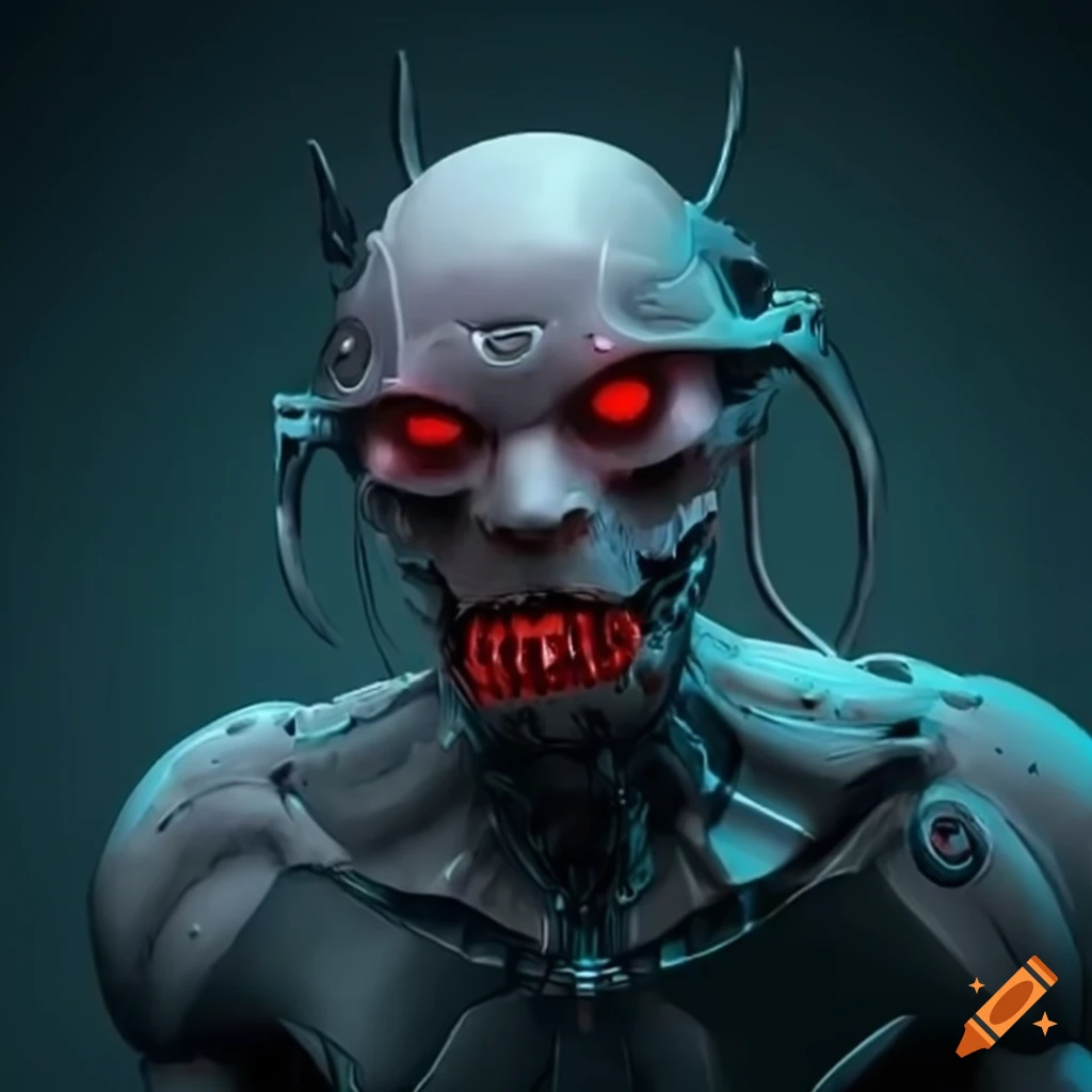 A futuristic cyborg with menacing red eyes and a gaping jaw on Craiyon