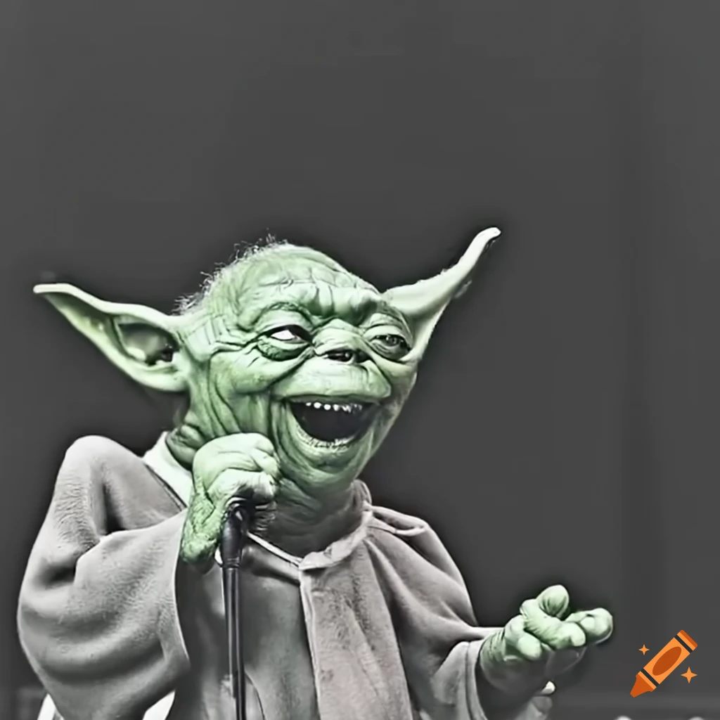 Yoda laughing and holding a microphone as a stand up comedian on stage