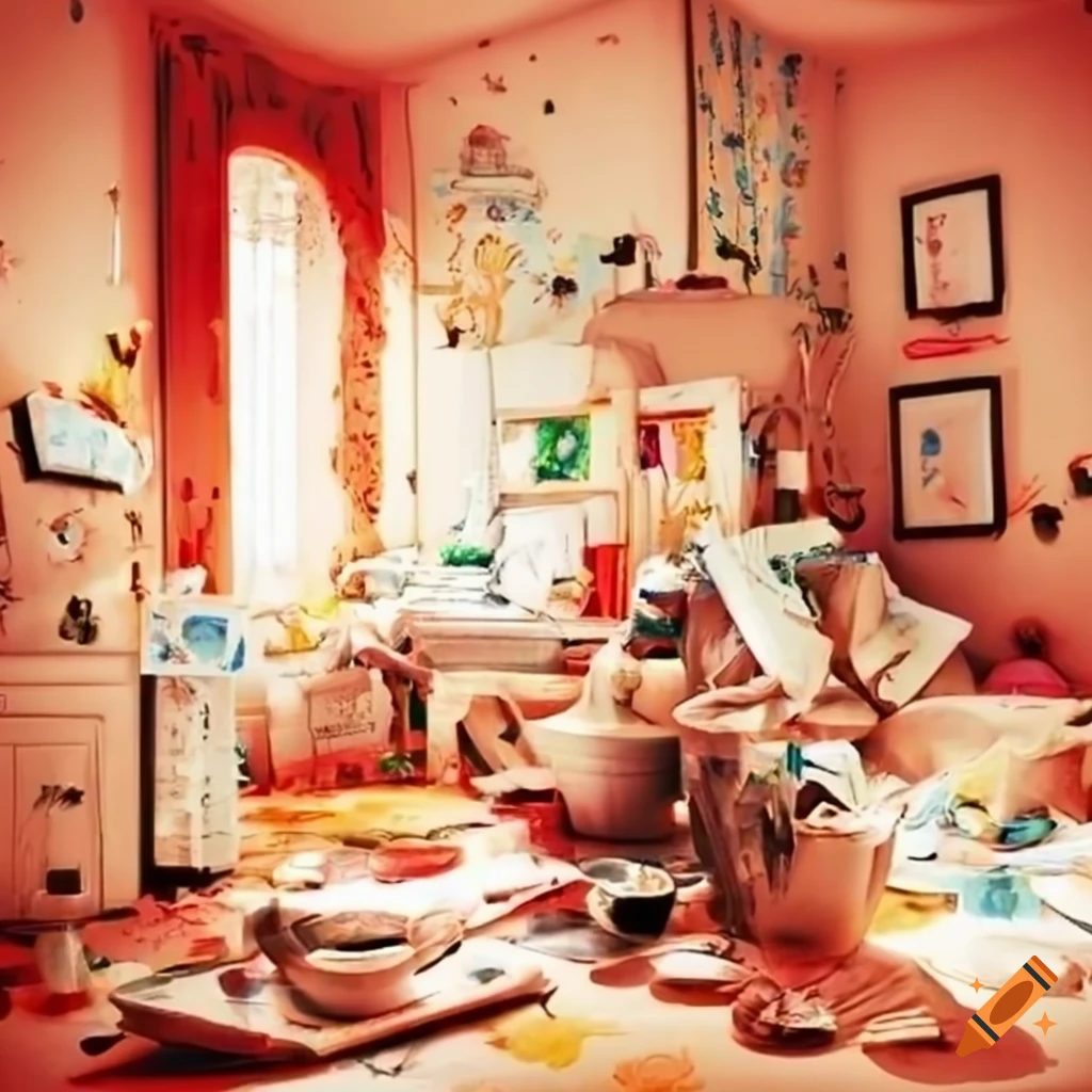 Messy bedroom, lots of dirty dishes