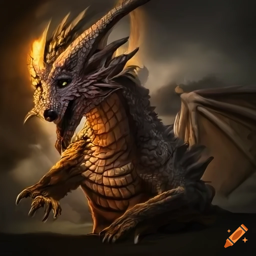 Large rotund western dragon with wolf-like characteristics guarding his ...