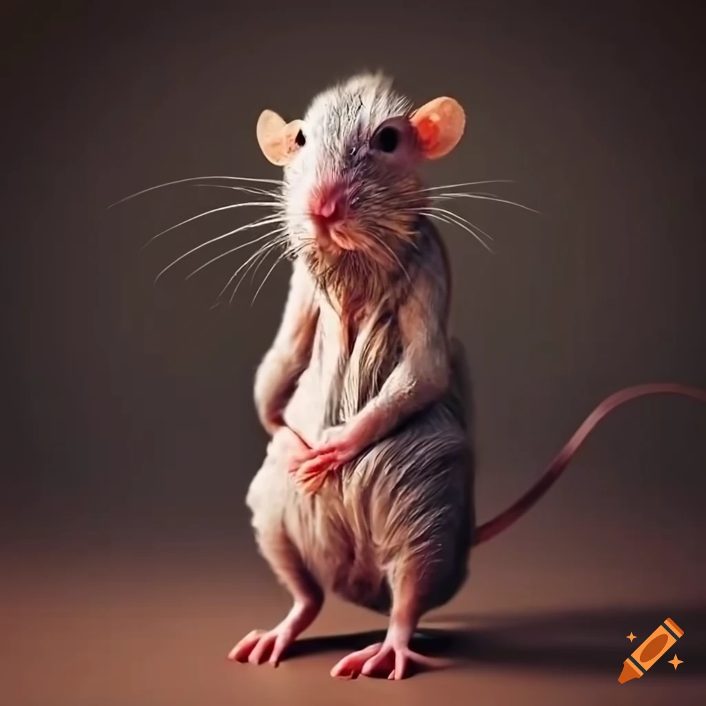 Ugly old wrinkly sick rat standing on back legs, facing to the side