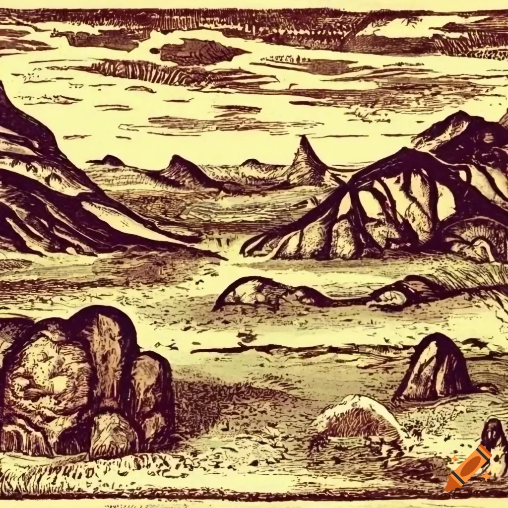 Vintage illustration of prehistoric landscape
