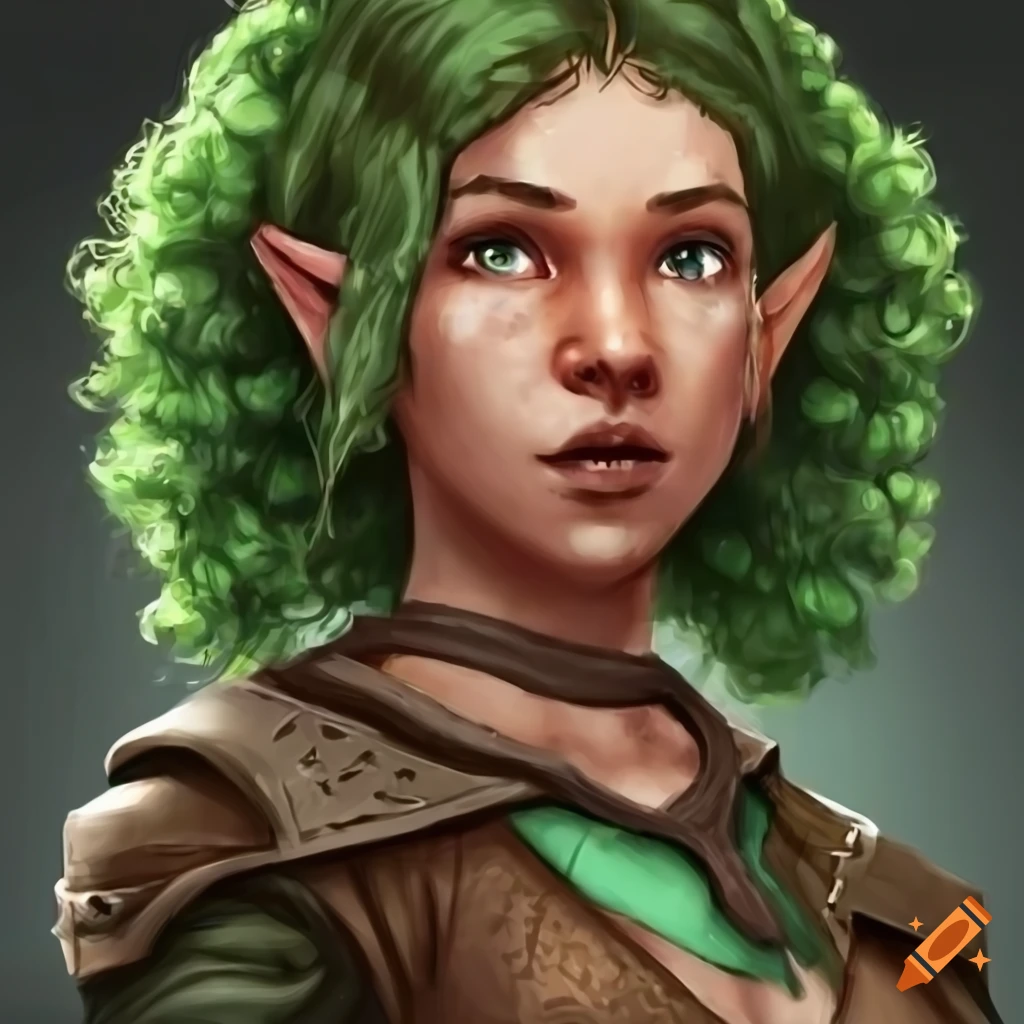 A shy young half-elf ranger with tan skin and short curly dark green ...