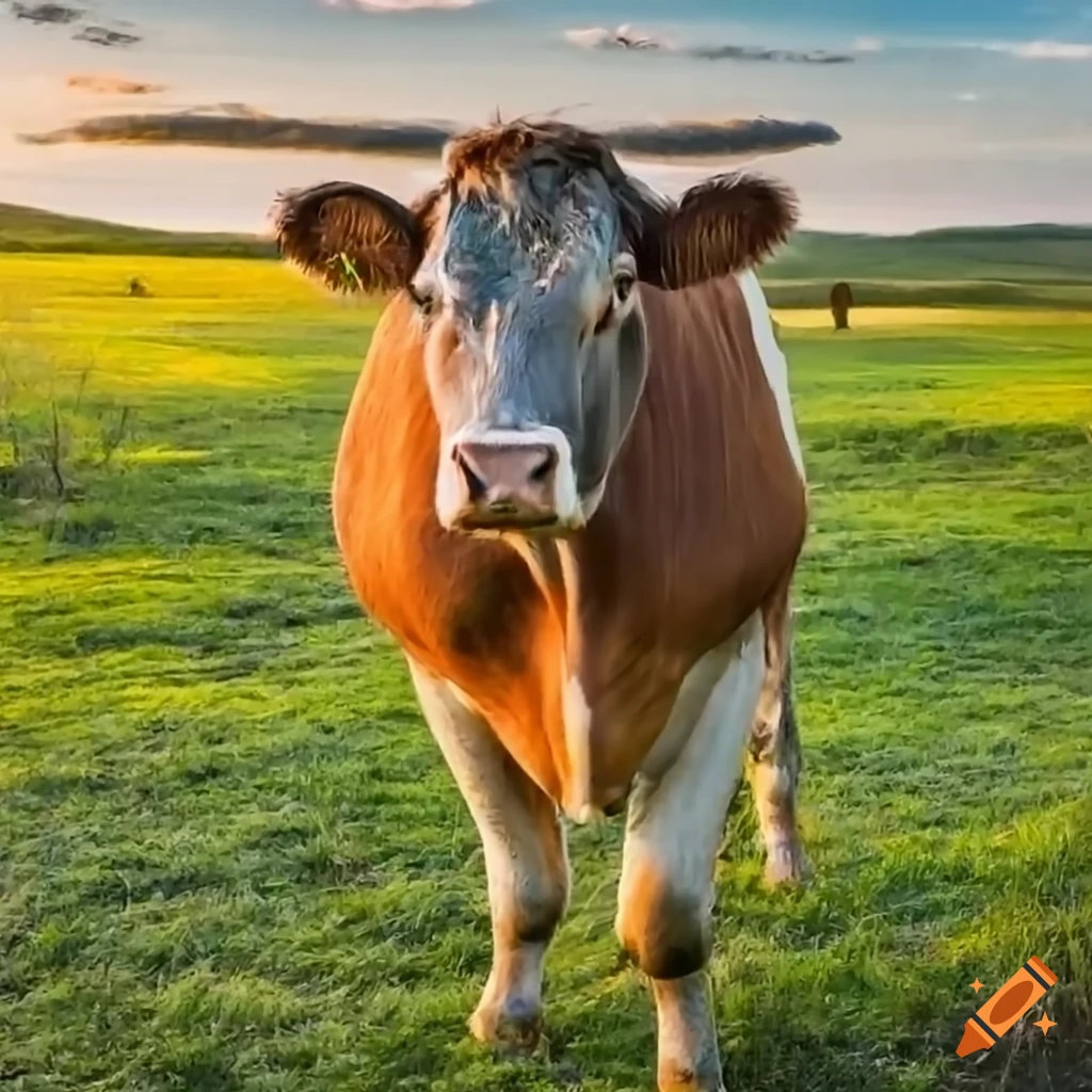 A peaceful cow grazing in a sunlit meadow surrounded by nature on Craiyon