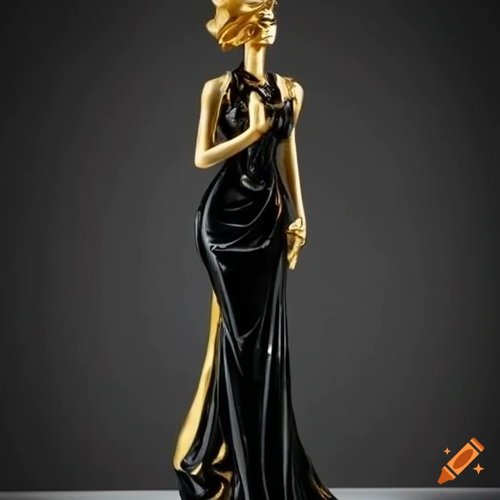 Elegant black resin statue wearing a golden dress