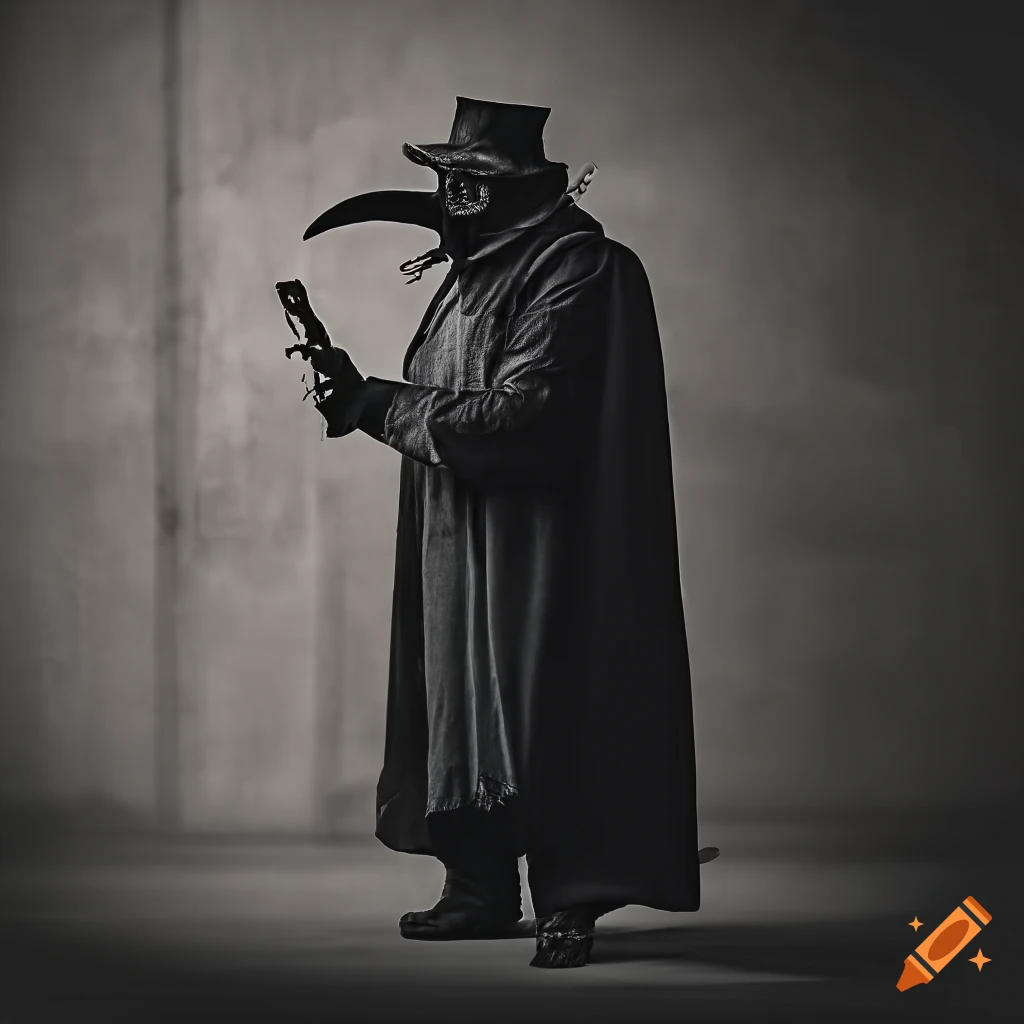 Full body picture of a plague doctor with in a large white room with ...