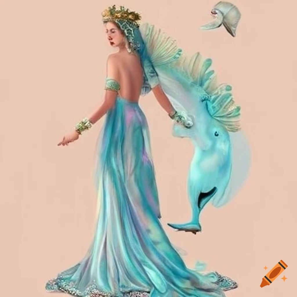 Light colored pearlescent dolphin styled queen dress, long flowing ...
