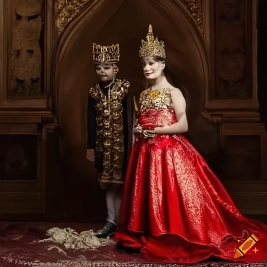 A regal queen with her charming young prince by her side