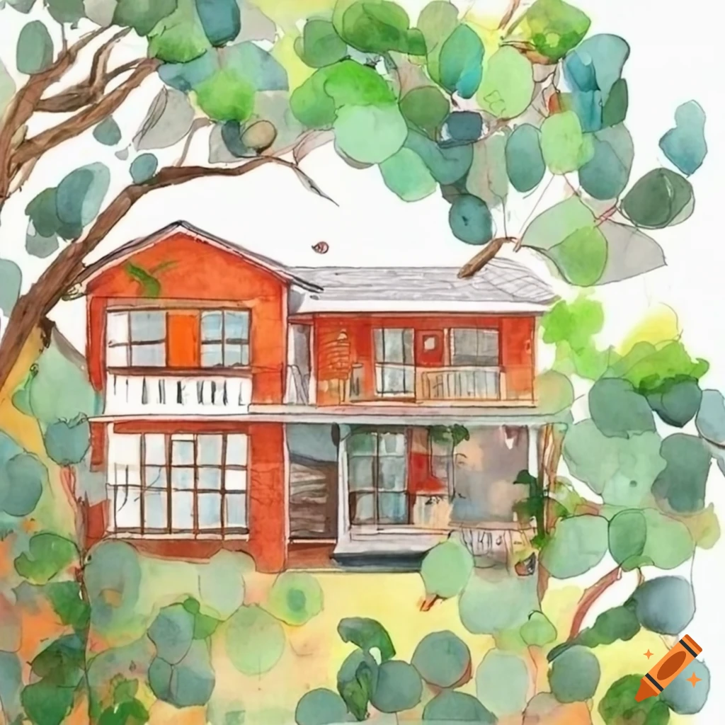 Draw a large cozy home in sydney australia with eucalyptus trees and ...