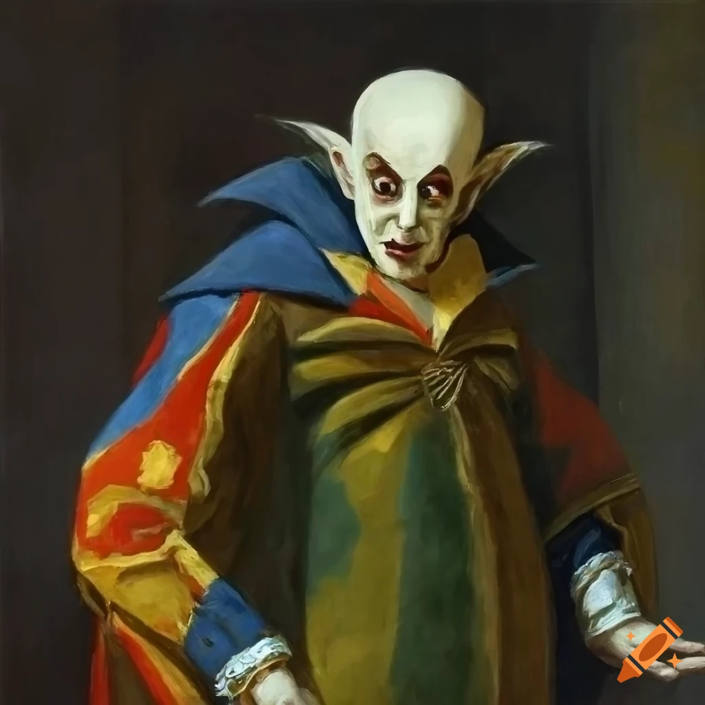 Very fat nosferatu with a huge belly wearing colorful royal robes in a ...