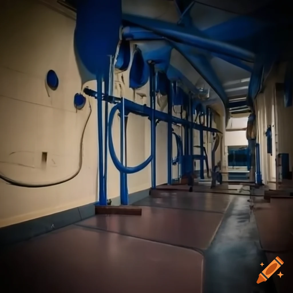 Blue apparatus inside a large school hall on Craiyon