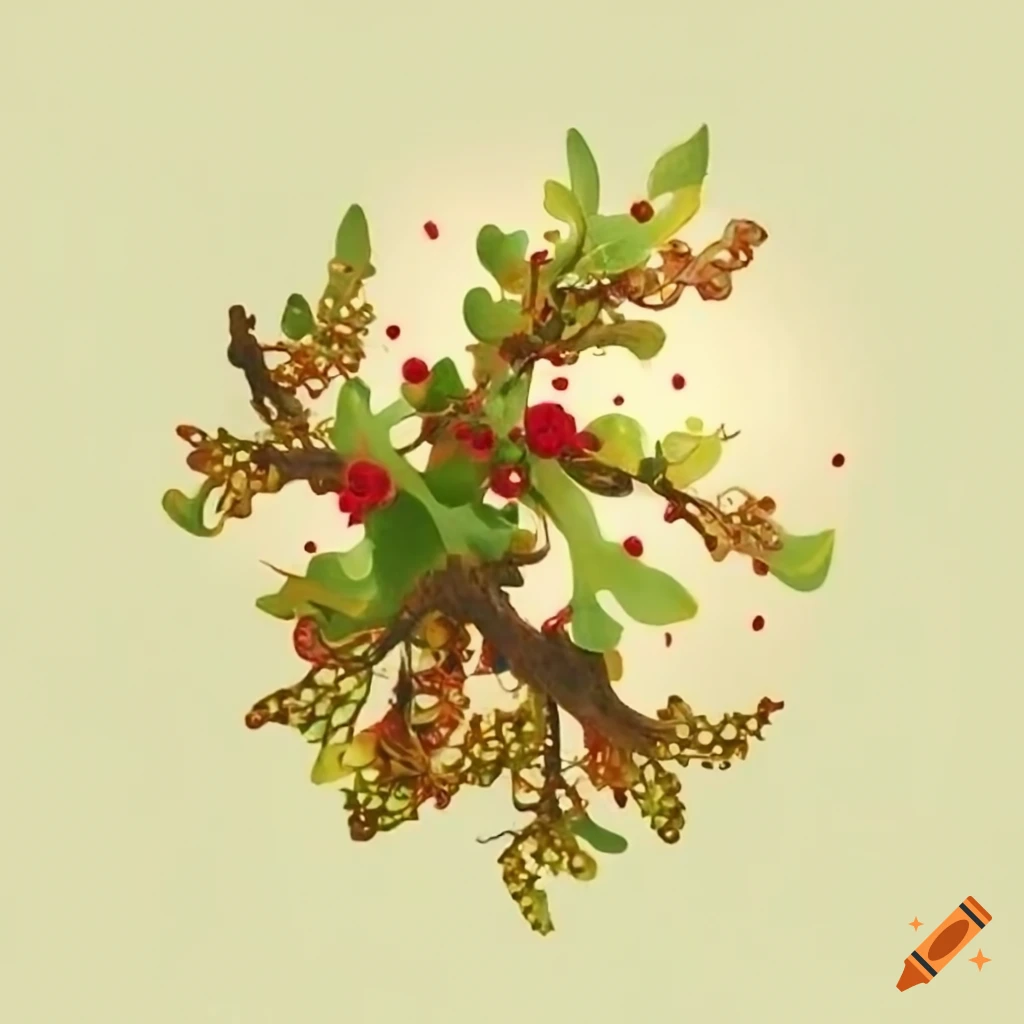 Crossed oak and mistletoe branches