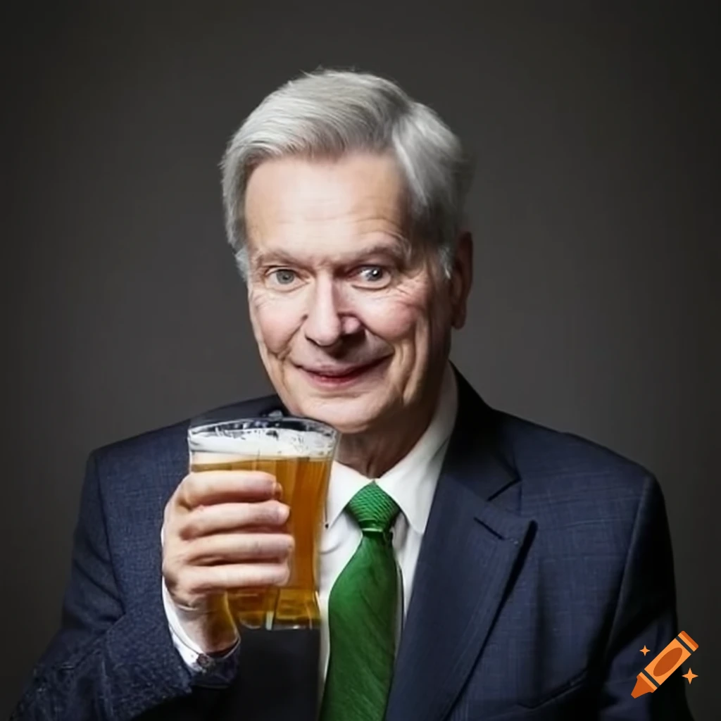 Portrait of sauli niinistö the president of finland drinking a beer