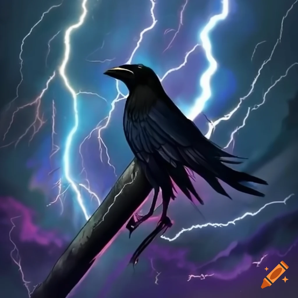 A crow in a lightning storm