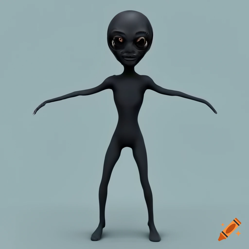 Thin cute humanoid alien with thin body, big black eyes, 3d render ...