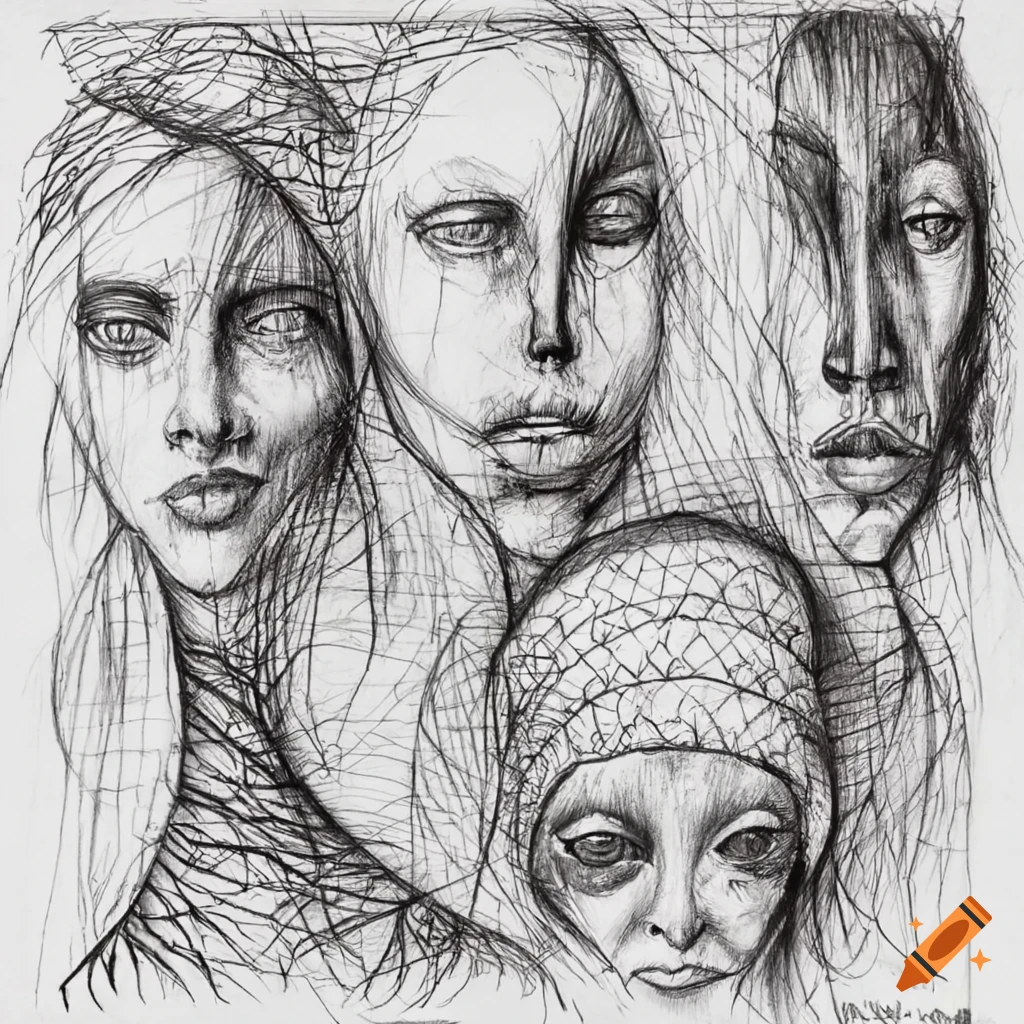 Pencil sketch of multiple intricate faces in the style of lynd ward on ...