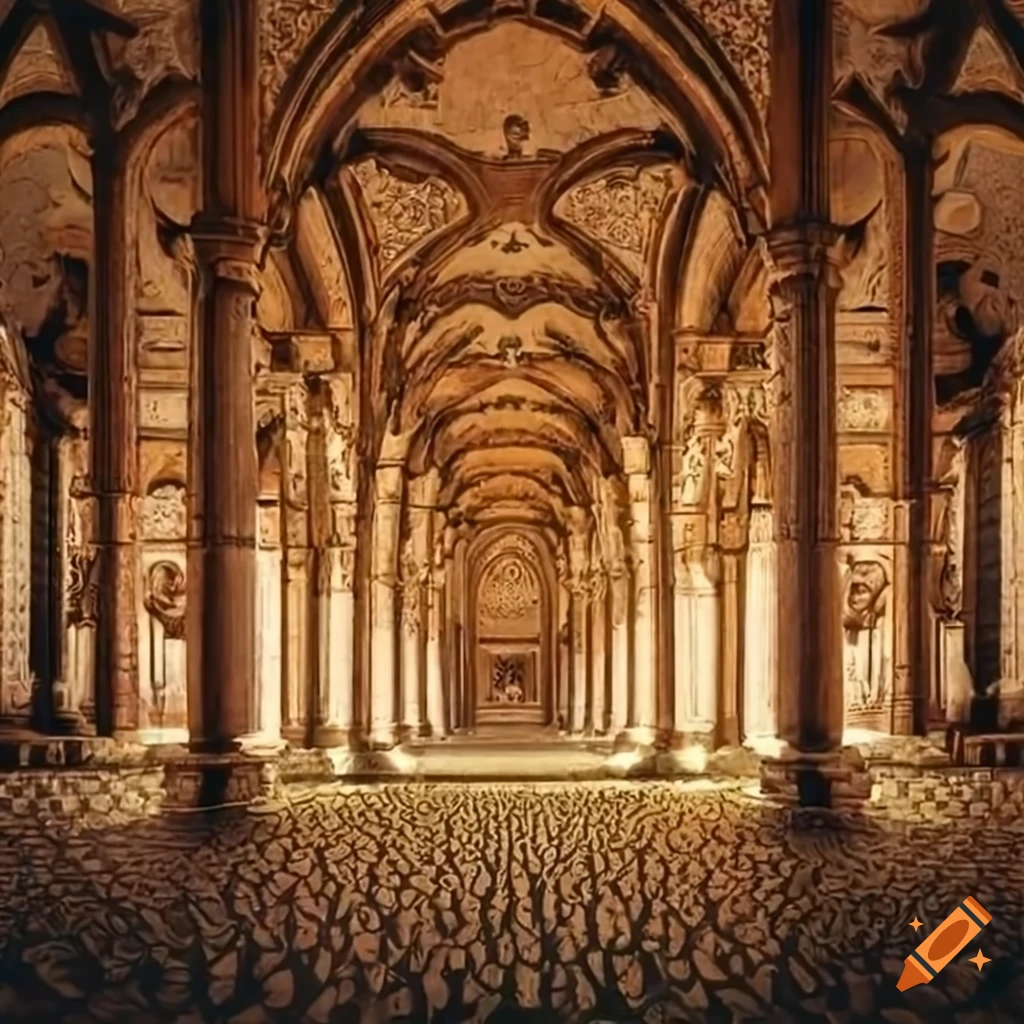 A large ancient hall with beautiful carvings on the walls