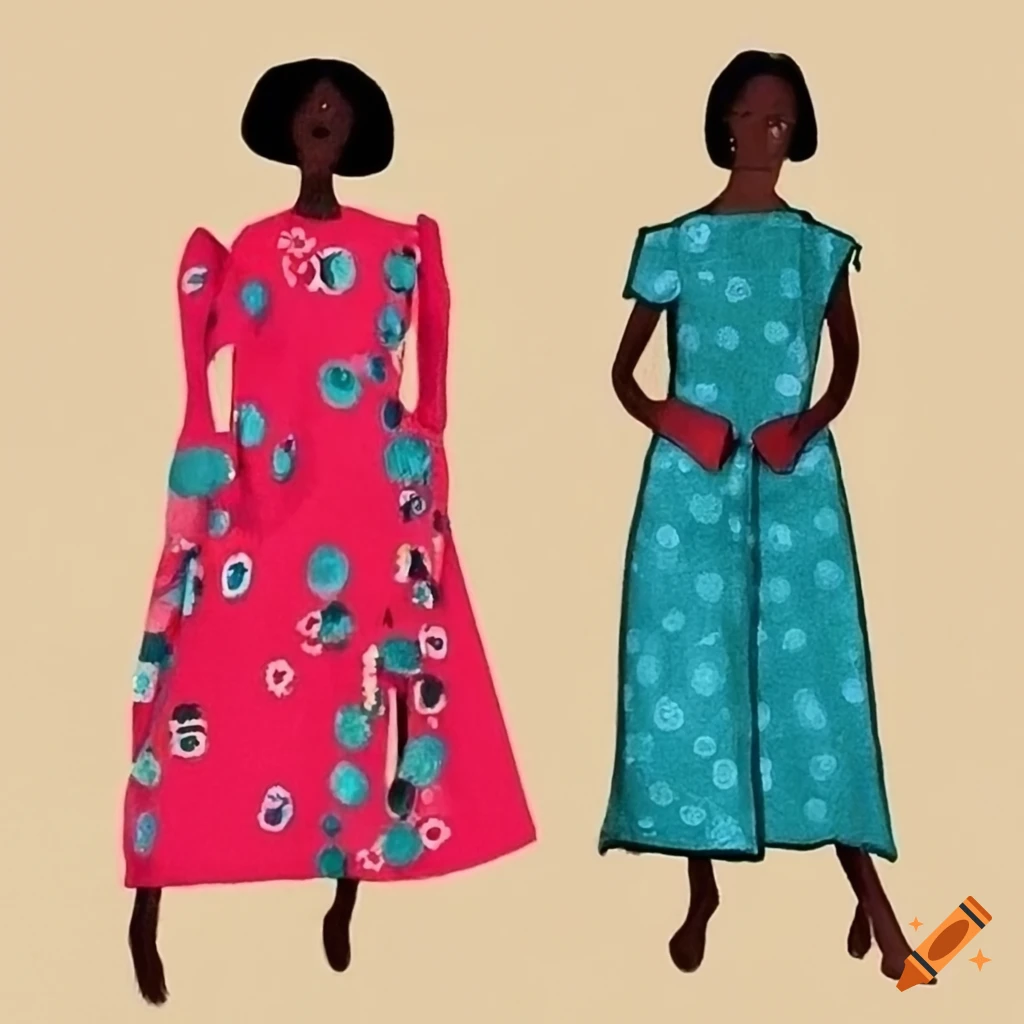 Naive style, simple forms, spot colors. two tall women with very ...