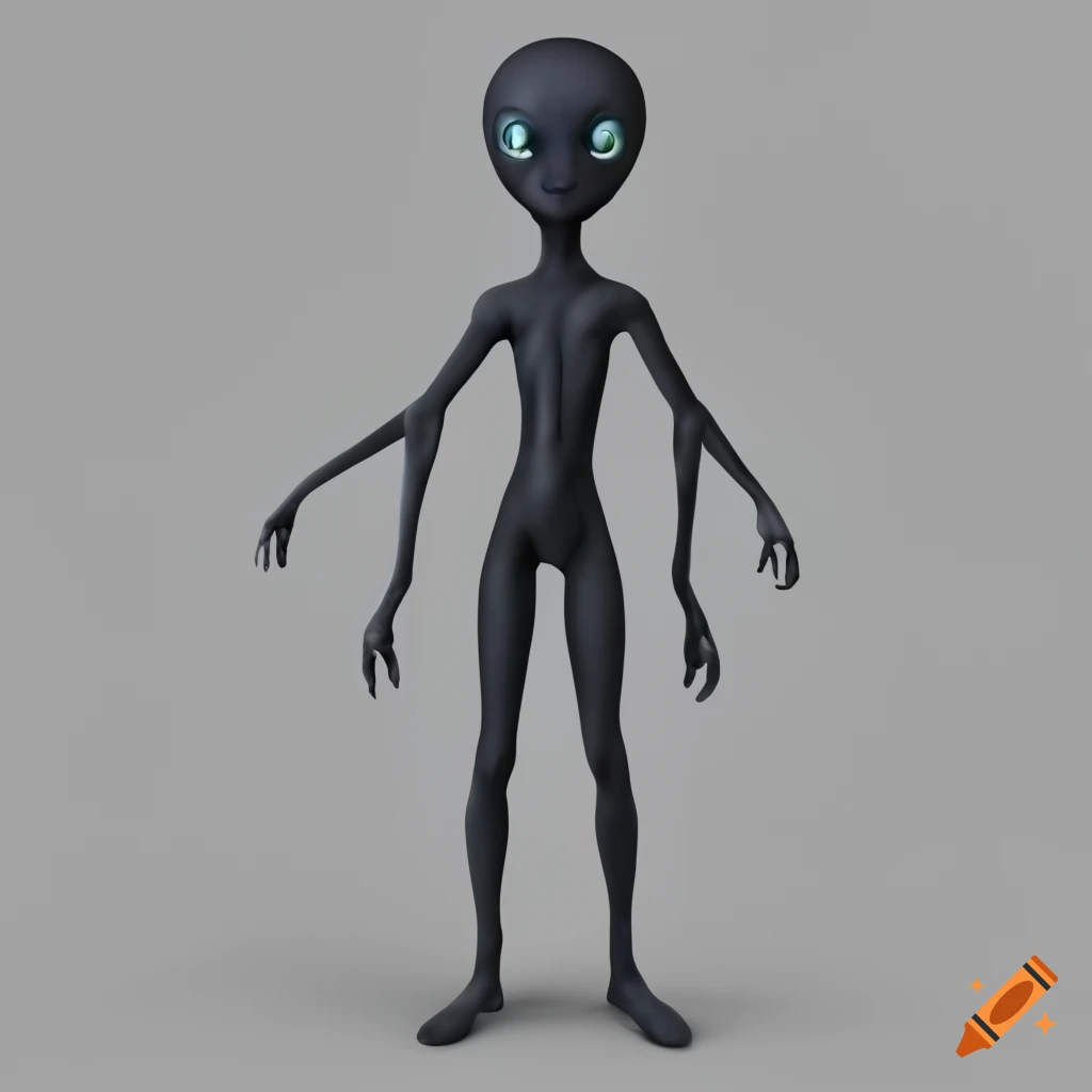 Thin cute humanoid alien with thin body, big black eyes, 3d render ...