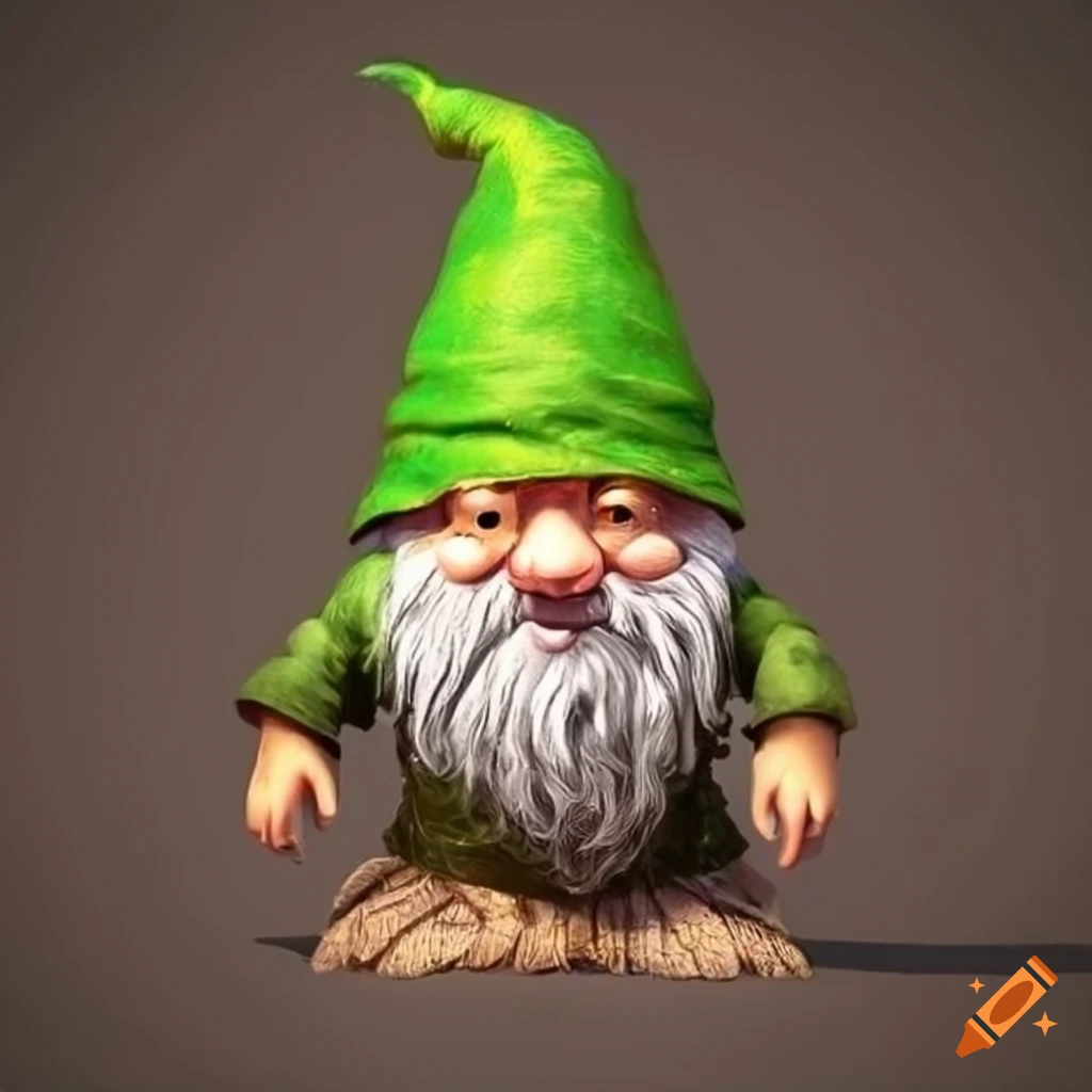 A friendly medieval gnome in green attire made from forest floor plants ...