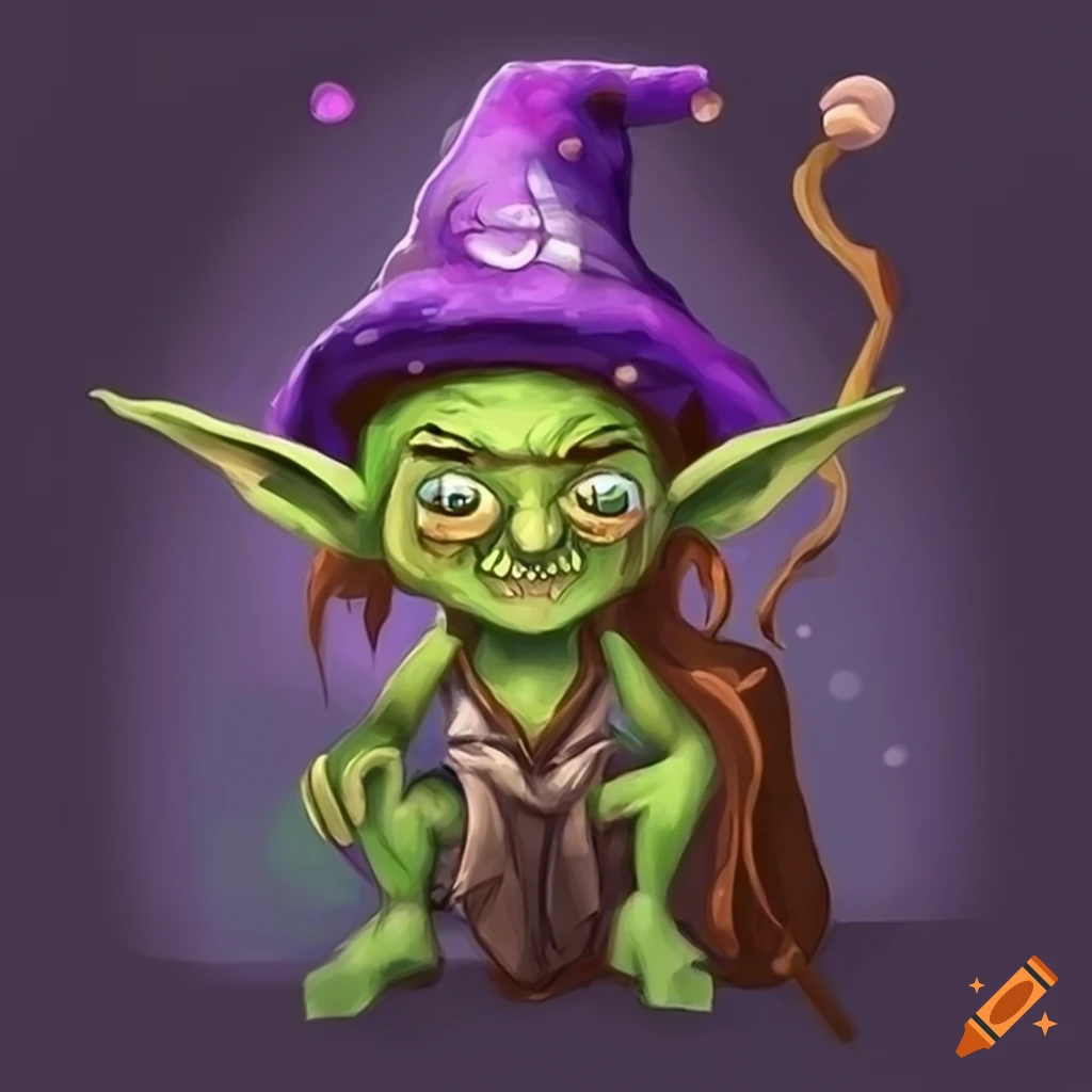 A whimsical goblin with a wizard hat and mischievous eyes on Craiyon