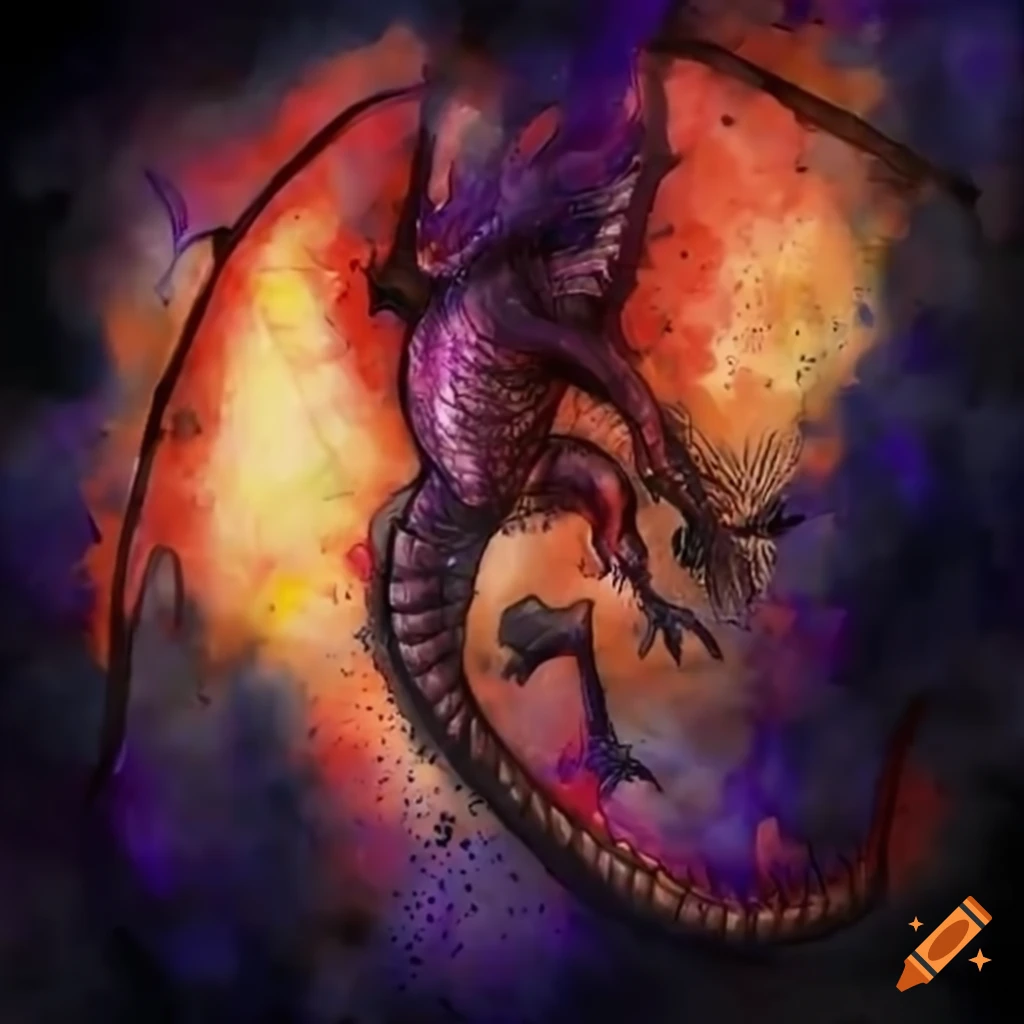 A menacing wyvern bursting through a dark dimensional rift on Craiyon