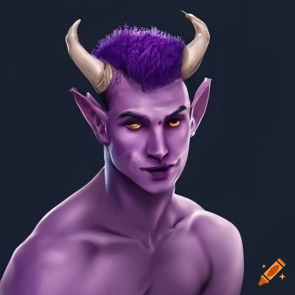 Young serious tiefling man rpg portrait with lavender skin, shaved dark ...