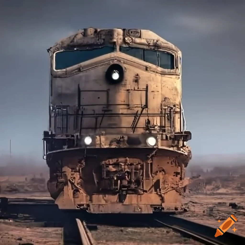A powerful diesel locomotive driving through a desolate wasteland