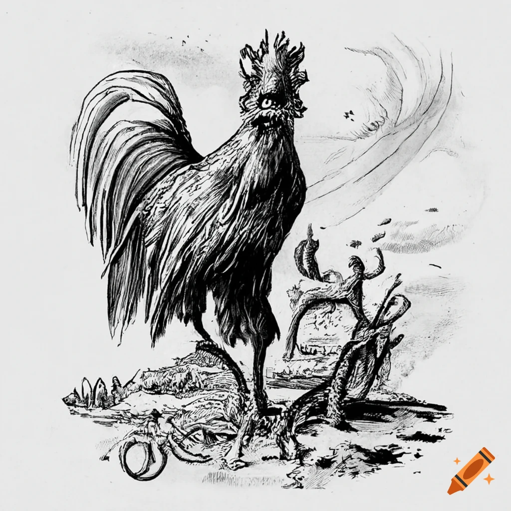 A mythological chicken monster terrorizing a village , medieval europe art