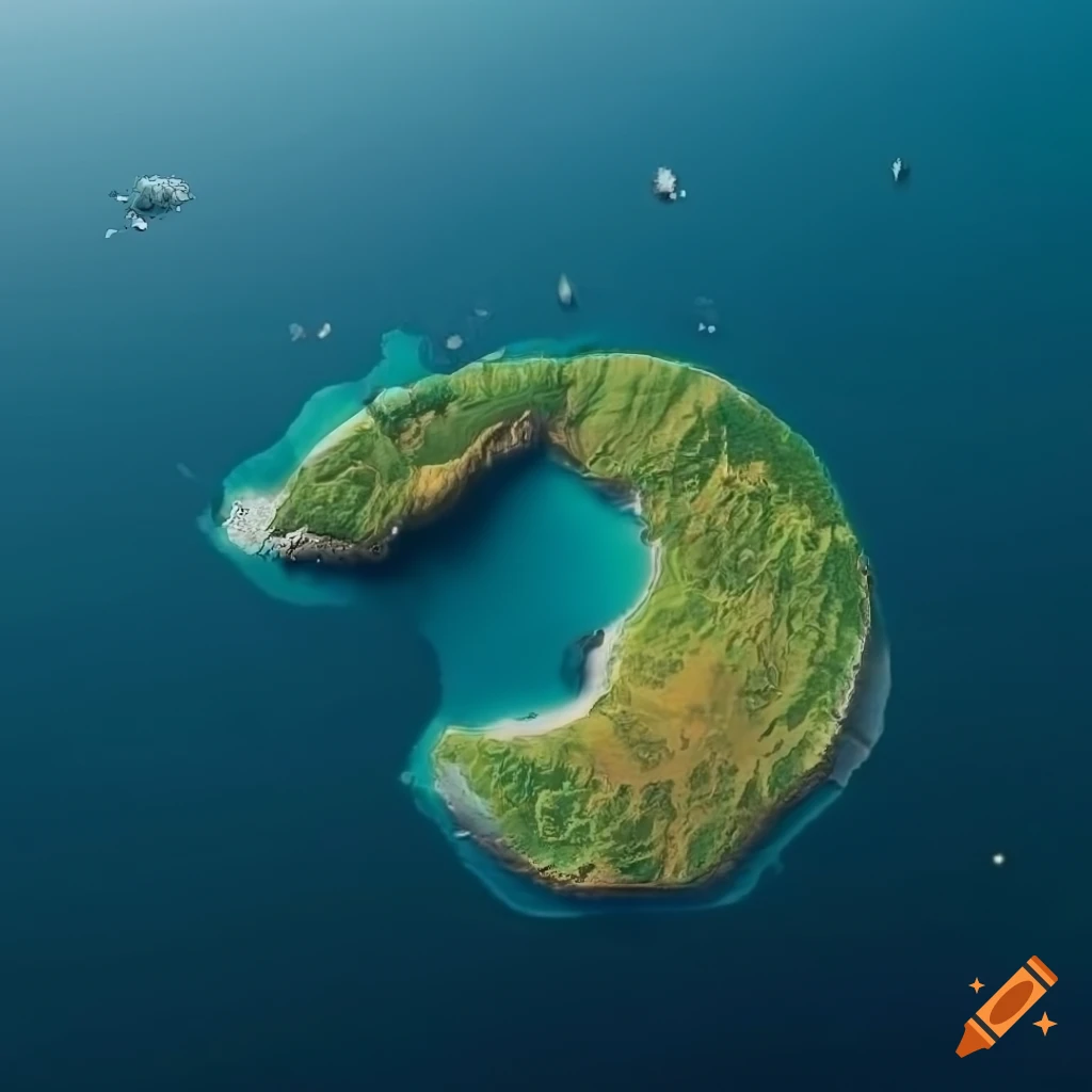 Generate me the map of an island of 1000 meters by 1000 meters seen ...