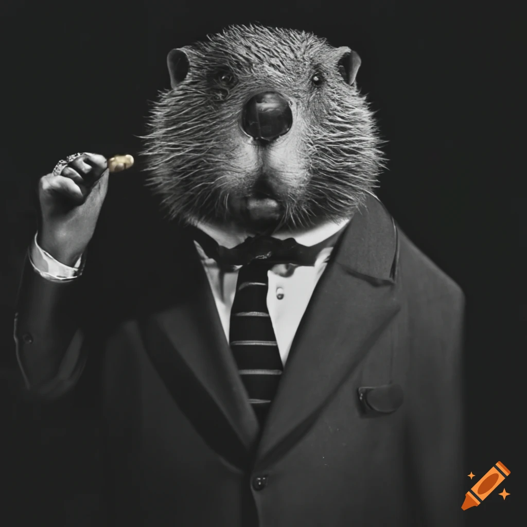 A beaver in a suit smoking a cigar, film noir style