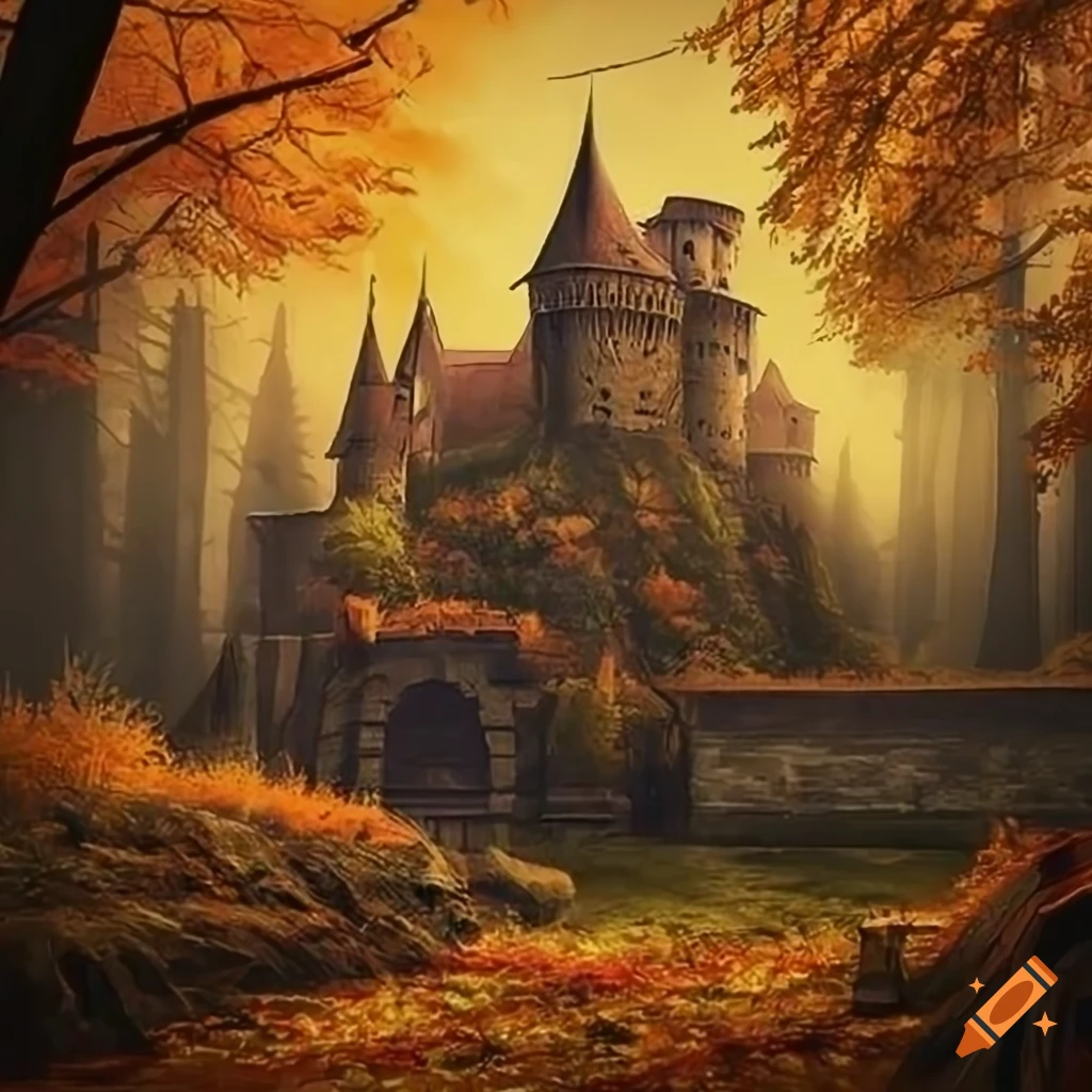 Realistico portait, fantasy autumn forest city, fantasy city, medieval Castle, autumn, foresta ...