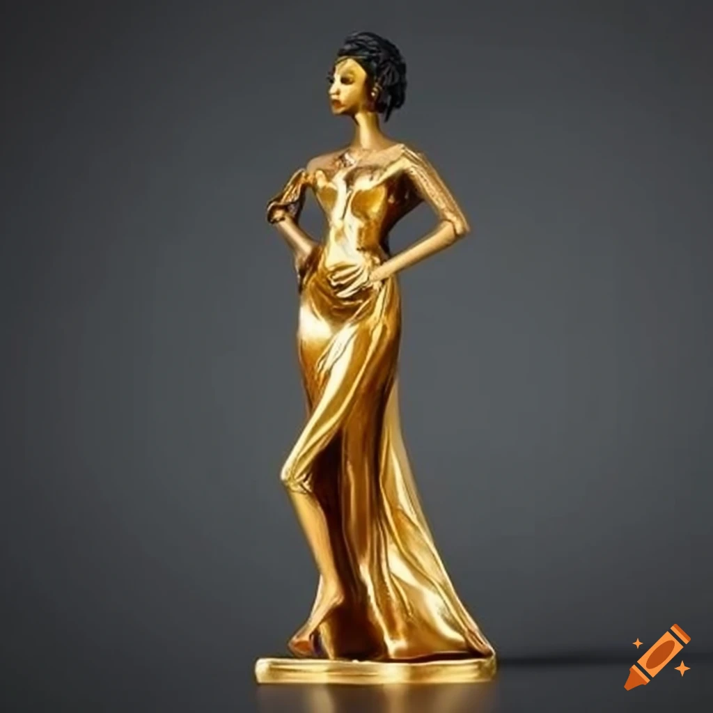 Black female resin statue wit golden dress, studio lighting