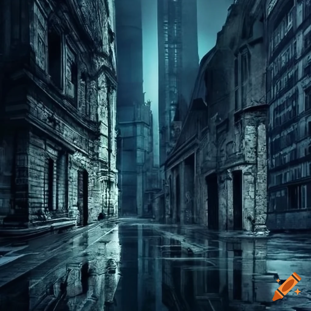 Gothic city street ruin lots of skyscrapers