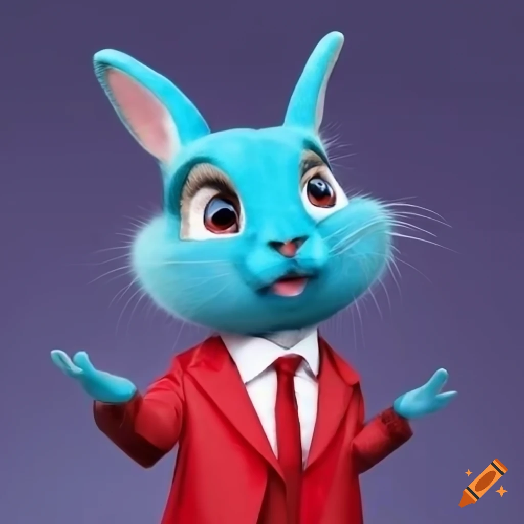 Close up blue rabbit wearing a red suit avatar on Craiyon