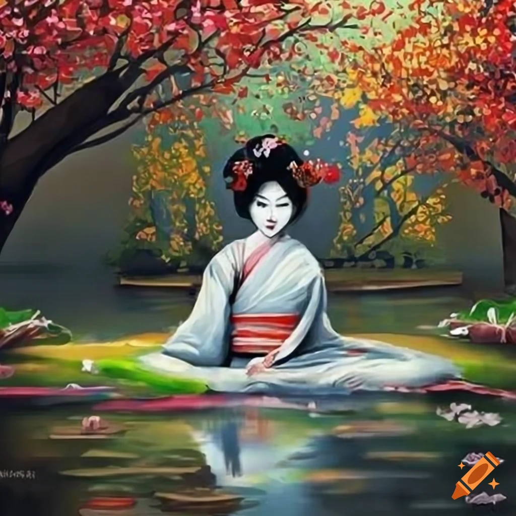 10k realistic black an white drawing of 3 geisha girl sitting around a ...